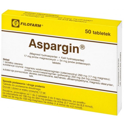 Aspargin 17 mg jonów magnezu + 54 mg jonów potasu, 50 tabletek ...