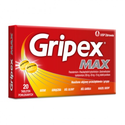 Gripex Max 500 mg + 30 mg + 15 mg, 20 tabletek powlekanych | Apteline.pl