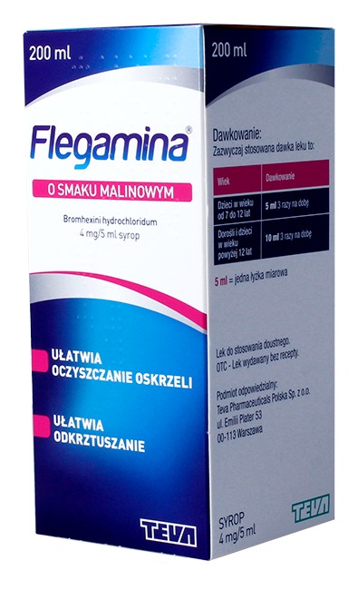 Flegamina o smaku malinowym, 4 mg/5 ml, syrop 200 ml | Apteline.pl